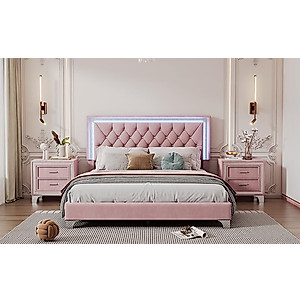Queen Size Velvet Upholstered Platform Bed Mattress Foundation w/Crystal Tufted Headboard&LED Light for Adult,Low Profile Panel Bed Frame w/Metal Legs&Wooden Slat Support for Bedroom Guestroom (Pink)