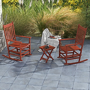 Outsunny Outdoor Rocking Chair Set of 2 with Side Table, Patio Wooden Rocking Chair with Smooth Armrests, High Back for Garden, Balcony, Porch, Supports Up to 352 lbs, Wine Red