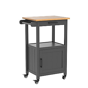Qsun Kitchen Island Cart on Wheels with Drawer, Storage Cabinet, Shelf and Side Hook, Rolling Kitchen Cart with Rubber Wood Countertop, Microwaves Stand for Small Space, Black