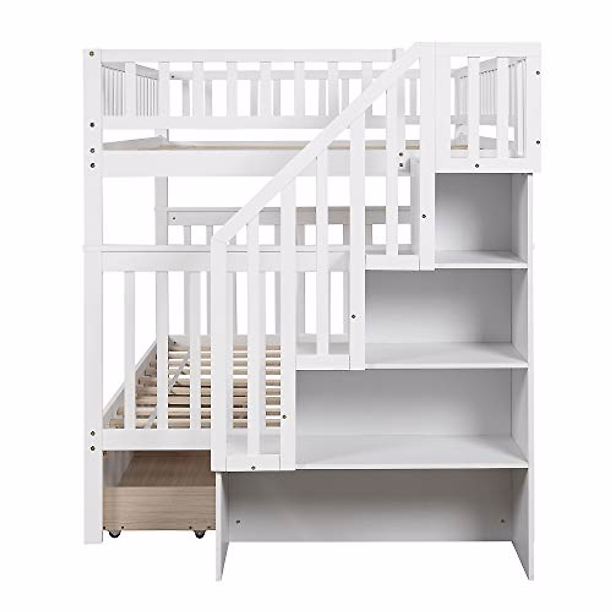 Full Over Full Bunk Beds, Solid Wood Full Bunk Beds with Two Drawers, Inner Bookcase and Stairway for Kids and Teenages, White