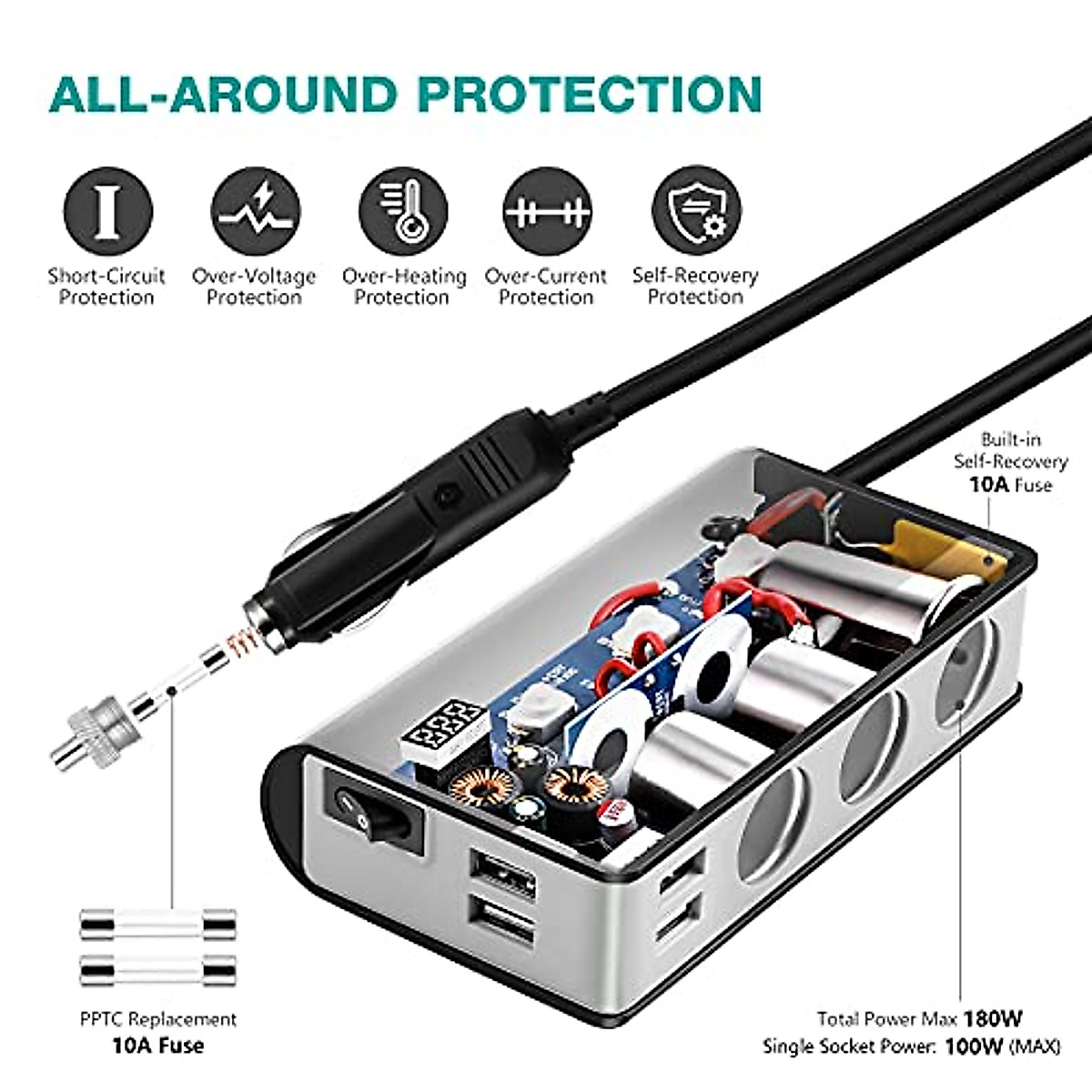 OOWOLF Cigarette Lighter Adapter Quick Charge 3.0 180W 12V/24V 3-Socket Power Splitter 4 USB Ports Car Power Adapter Car Splitter for GPS, Dash Cam, Sat Nav, Phone, Tablet, etc