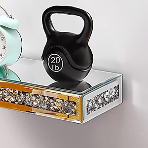 TACIDON Mirrored Floating Shelves Wall Mounted. Crystal Crushed Diamond Modern Wall Shelves Set of 2, Gorgeous Glass Mirror Shelf for Home Wall Decor, Bedroom, Living Room, Bathroom, Kitchen - Silver