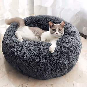 otoez Kitten Puppy Anti-Anxiety Plush Pet Calming Donut Bed With Non-Slip Waterproof Bottom, Washable Small Round Dog Cat Bed (19.7", Dark Grey)
