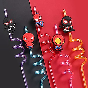 24 Spiderman Party Favors Reusable Drinking Straws 8 Designs Great for Spiderman Birthday Party Supplies with 2 Cleaning Brushes
