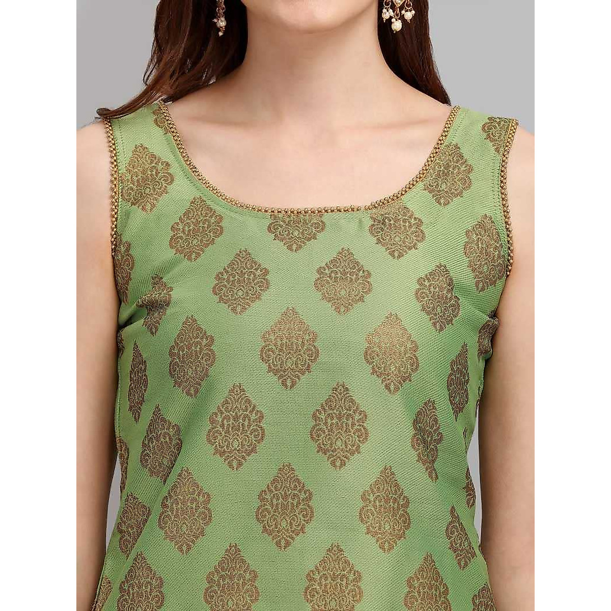 VredeVogel Women's Motifs Silk Blend Kurta Pant and Chanderi Dupatta Set, Pista