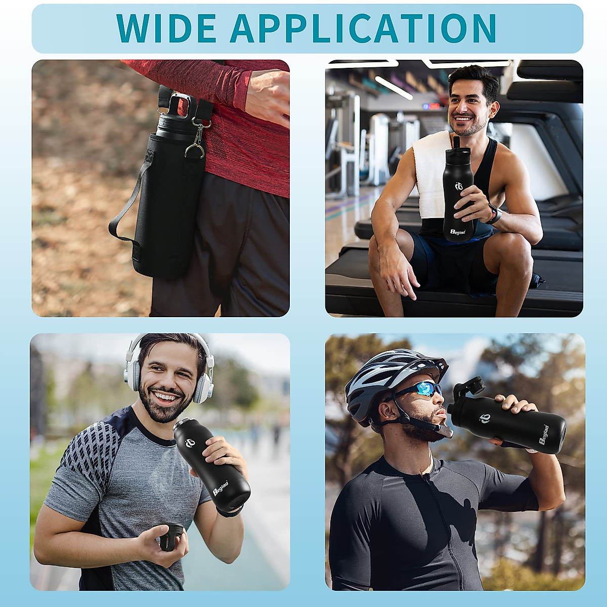 Beglad 24 oz Water Bottle Flask Jug, Vacuum Insulated Stainless Steel Water Bottle whit 3 Lids, Double Walled Metal Canteen Water Jug Thermo Mug, Hot Cold Water Bottles for Gym Travel Sports, Black