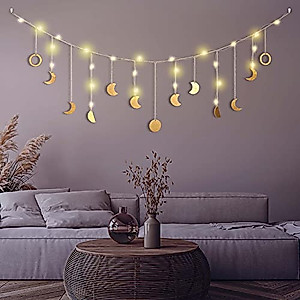 Moon Phase Wall Decor with LED String Light, 13 Gold Hammered Wood Boho Wall Hanging Decor Mood Garland 56'' - Celestial Phases Moon Decor in Bohemian Style for Bedroom Home Living Room Gift