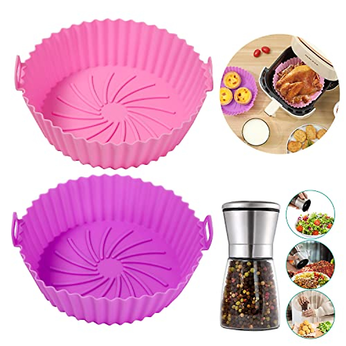 3 PCS of Air Friyer Liner, Air Fryer Silicone Liners Comes with Refillable Stainless Steel Grinder, Silicone Airfryer Liners, Round Air Fryer Accessories,Pink and Purple Silicone Air Fryer Liner