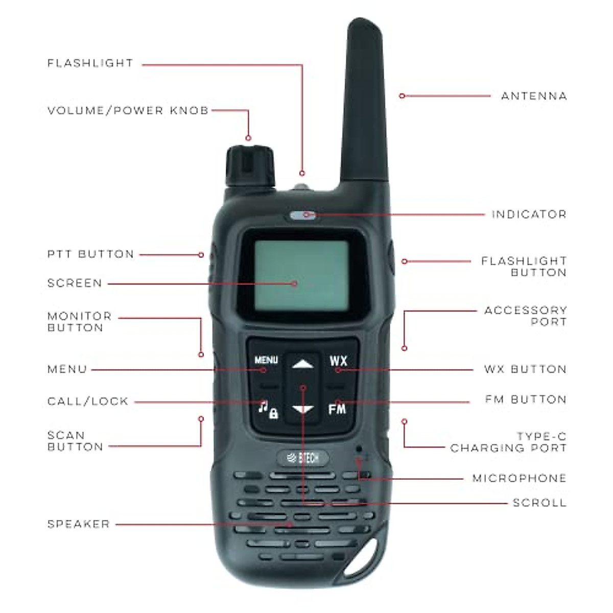 BTECH FRS-A1 2 Pack FRS Black Walkie Talkies, NOAA, High Output Two-Way Radio. USB-C Charging, Built in Flashlight, FM Radio, NOAA, and More