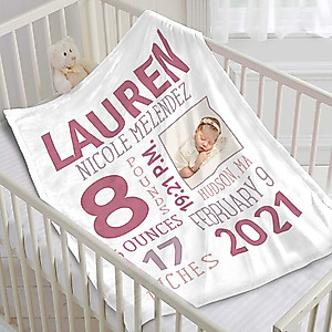 Yeh Gift Personalized Baby Photo Newborn Blanket with Birth Information for Girls & Boys. Customized Blanket from Baby's Name, Date, Weight for New Born, Dad Mom Grandparents (Pink)