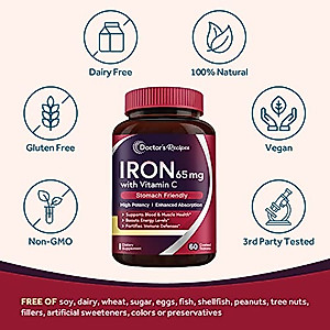 Doctor’s Recipes Iron 65 mg Carbonyl Iron with Vitamin C, Maximized Absorption Easy on The Stomach, Red Cells Formation, Blood, Heart, Brain, Muscle & Immunity Health, Vegan Non-GMO 60 Tablets