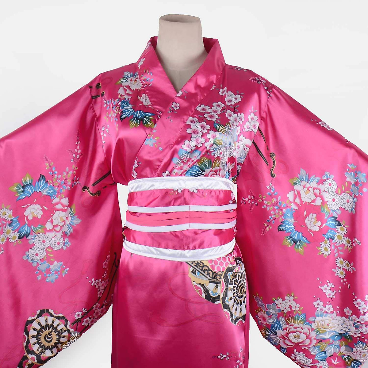 Women's Floral Print Traditional Japanese Kimono Goldfish OBI Blossom Costume Set Belt Robe