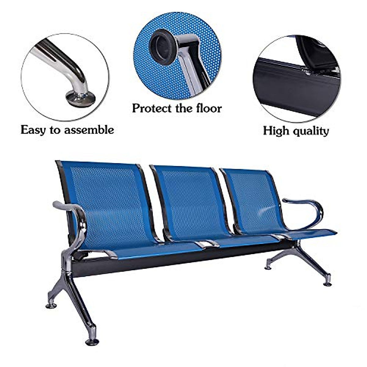 Kinsuite 3-Seat Waiting Room Chairs - Airport Reception Chairs Waiting Room Bench Reception Bench Lobby Bench Seating for Office Business Bank Hospital, Blue