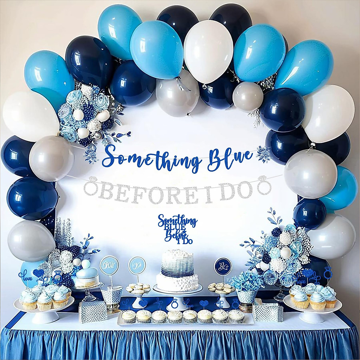 Something Blue Before I Do Banner Glitter with Cake Topper and Cupcake Toppers - Something Blue Bridal Shower Decorations,Bridal Shower Banner for Blue Bachelorette Wedding Engagement Party Supplies