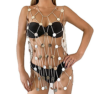 Asooll Sequins Body Chain Bra Layered Chest Chain Bikini Body Jewelry Fashion Bikini Beach Rave Body Accessories Jewelry for Women and Girls (Silver)