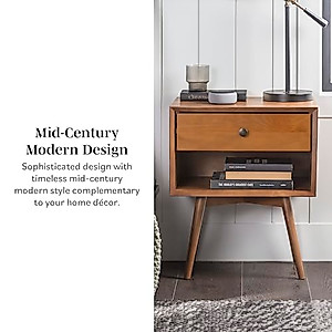 Walker Edison Mid Century Modern Wood Nightstand Side Table Bedroom Storage Drawer and Shelf Bedside End Table, 1 Drawer, Caramel
