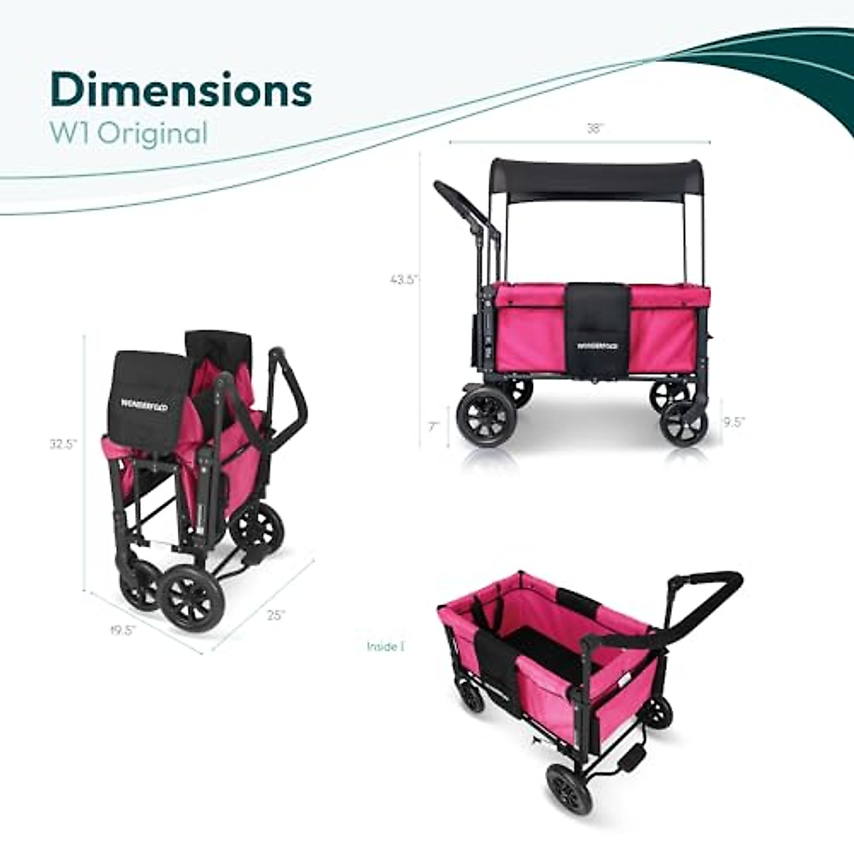 WONDERFOLD W1 Original Double Stroller Wagon (2 Seater) - Collapsible Wagon Stroller with Seats with 5-Point Harnesses, Adjustable Push Handle, and Sun Canopy, Fuschia Pink
