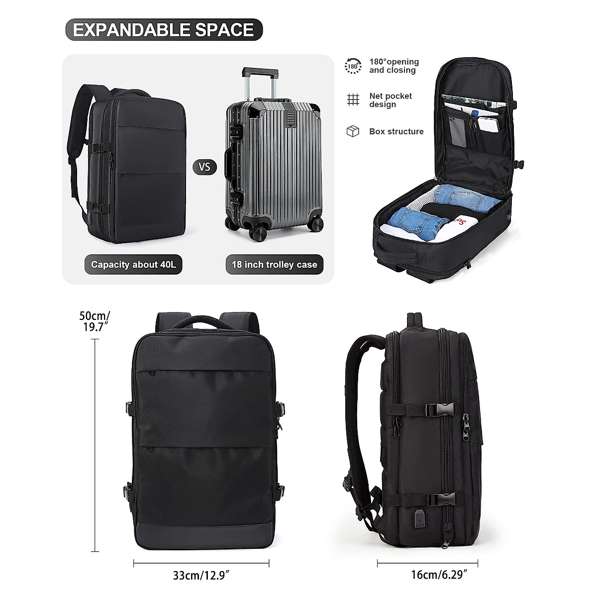 VGCUB Carry on Backpack,Large Travel Backpack for Women Men Airline Approved Gym Backpack Waterproof Business Laptop Daypack with Shoe Compartment, Black