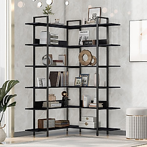 Daesar 74.8 Inch Bookshelf L-Shape MDF Boards Stainless Steel Frame Corner 6-Tier Shelves Adjustable Foot Pads, Black
