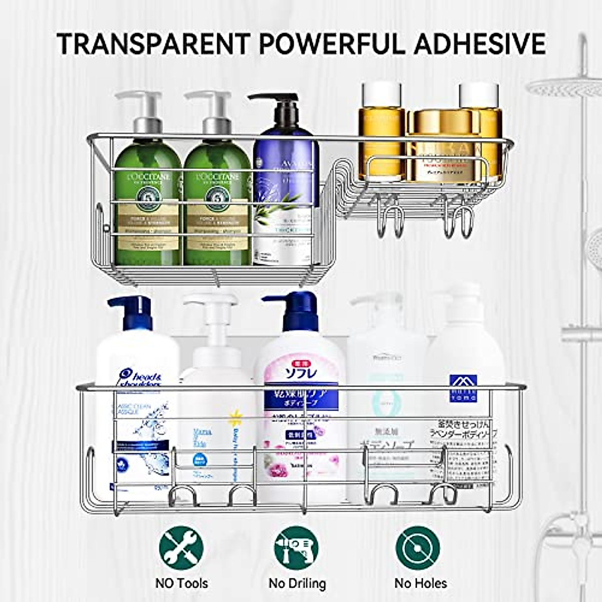 Shower Caddy Bathroom Shelf, CUPAN Shower Caddy Basket Shelf with Soap Dish and Hooks, No Drilling Adhesive Bathroom Shelf SUS304 Stainless Steel Bathroom Kitchen Storage Organizer (2 Pack, Silver)