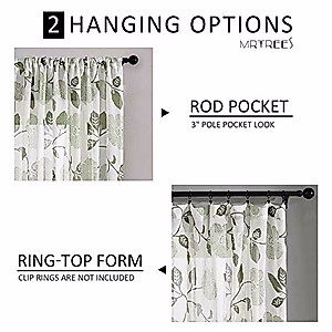 MRTREES Sheer Printed Valance Curtains for Kitchen Windows, Small Modern Rod Pocket Voile Valance Window Treatment for Bathroom Basement(1 Pack, 54" W x 16" L, White with Olive Green Floral Pattern)