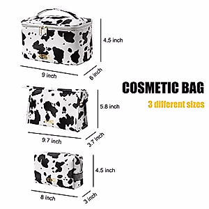 MIRASON Makeup Bag Travel Toiletry Bag for Women, Cute Make Up Bag Set of 3 for Purse Pouch Zipper Makeup Organizer Bag PU Leather Washable Waterproof Cosmetic Bag (Cow Print)