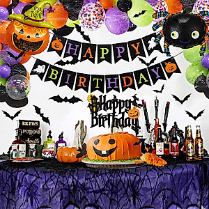 Halloween Birthday Party Decorations Include happy birthday halloween banner halloween balloons Halloween Birthday Cake Topper halloween fringe curtain for Halloween Birthday Party Supplies