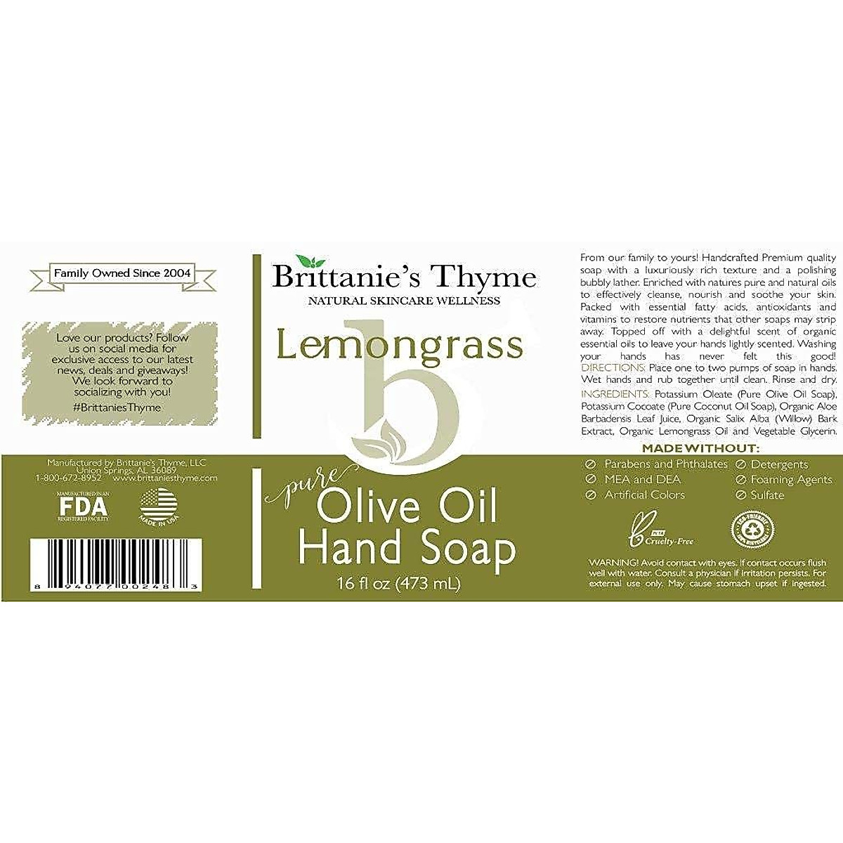 Brittanie's Thyme Organic Natural Hand Soap, 16 oz (Lemongrass) Moisturizing Castile Soap Made Olive Oil And Natural Luxurious Essential Oils. Vegan, Gluten & Cruelty Free,
