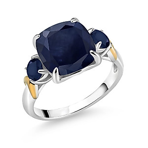 Gem Stone King 925 Silver and 10K Yellow Gold Blue Sapphire 3 Stone Ring For Women (5.30 Cttw, Gemstone September Birthstone, Cushion 10MM, Round 4MM, Available In Size 5, 6, 7, 8, 9)