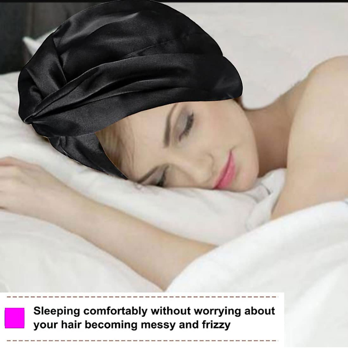 FRX 2021 New Silk Sleeping Cap for Women Hair Care Hair Cap, Imitation Silk Night Hair Bonnet for Sleeping, Double Layer Silky Head Scarf Hat for Sleeping with Elastic Band (Black)