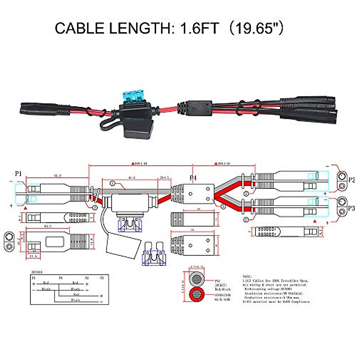 SPARKING 1.6FT Sae Y Splitter Cable Adapter with Sae 2-Way Connector, 1 to 2 Sae to Sae Splitter 16AWG DC Power Extension Cable (SAE Y splitter)