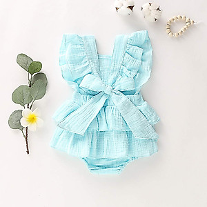 Douhoow Newborn Baby Girls Romper Ruffle Jumpsuit Bodysuit One-Piece Cotton Linen Outfits Clothes (Blue,3-6 Months)