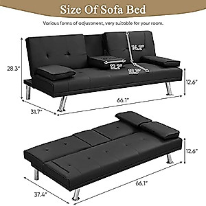 Antetek Futon Sofa Bed, Modern Convertible Upholstered Faux Leather Loveseat Sleeper Sofa Couch w/7 Adjustable Positions, Cup Holder for Living Room, Bedroom, Studio, Office, Black