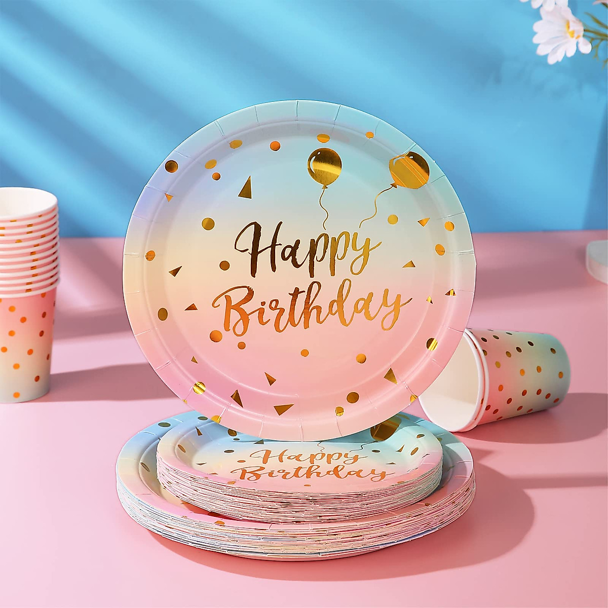 Boocikey 200 Pcs Pastel Party Supplies Birthday Party Plates and Napkins Sets,Disposable Pastel Birthday Plates - Rainbow Paper Plates Napkins Cups for Birthday Baby Shower Party Decorations