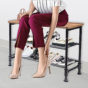 TEAKMAMA 3-Tier Shoe Bench, Shoe Rack, Shoe Shelf Storage Bench with Metal Mesh Shelves and Seat, Wood Free Standing Shoe Organizer for Entryway, Outdoor, Living Room