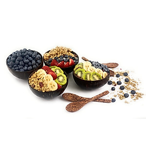 RobinsonTaylor Products 4 Organic Coconut Bowls with Spoons: Set of 4-100% Natural, Vegan, Organic, Eco-Friendly and Plant Polished Coconut Bowls with Wooden Spoons