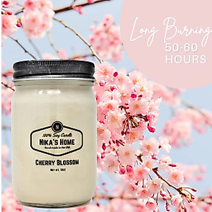 Nika's Home Cherry Blossom Soy Candle 12oz Mason Jar Non-Toxic White Soy Handmade, Long Burning 50-60 Hours Highly Scented All Natural, Clean Burning Large Candle Gift Décor