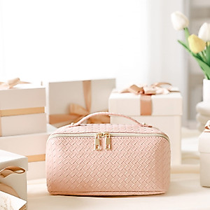 LASPERAL Travel Makeup Bag Large Capacity Cosmetic Bag Organizer Leather Waterproof Portable Compact Skincare Storage Checkered Pouch with Handle and Dividers for Women Girls Makeup Brushes (Black)