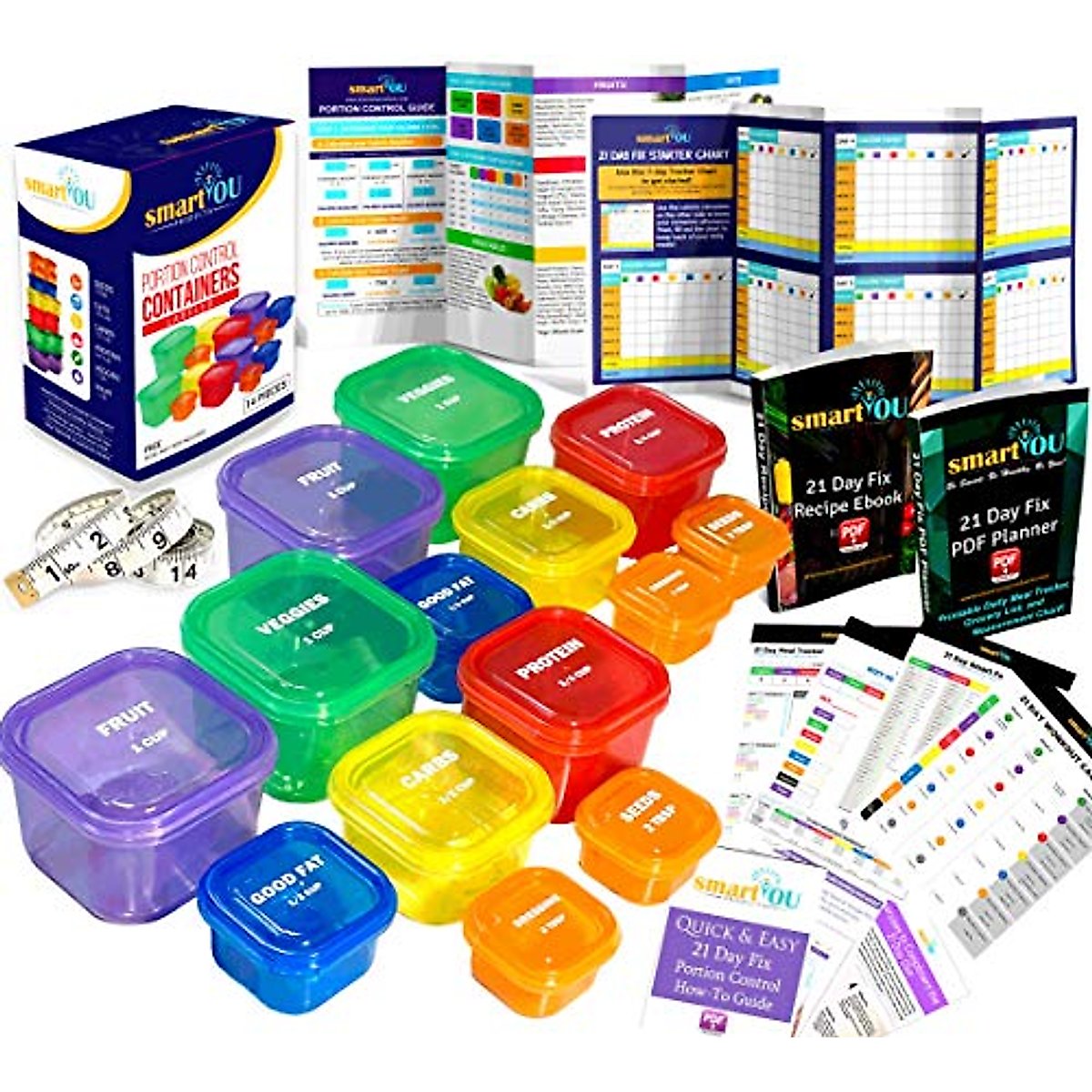 21 Day Portion Control Containers Kit - Nutrition Diet, Multi-Color Coded Weight Loss System. Complete Guide + PDF Planner + Recipe eBook and Tape Measure - BPA Free - 14 PC Labeled