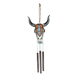 Ebros Gift Pack of 2 Rustic Western Faux Tooled Leather Ornate Bison Cow Skull with Turquoise and Ember Gems Decorative Wind Chimes Garden Patio Mobile Figurines Country Tribal Southwestern Accent