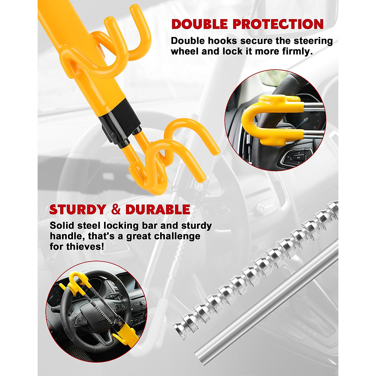 Tevlaphee Steering Wheel Lock - Heavy Duty Antitheft Device and Car Security Lock with Adjustable Locking and 3 Keys - Great Vehicle and Truck Deterrent (Yellow)