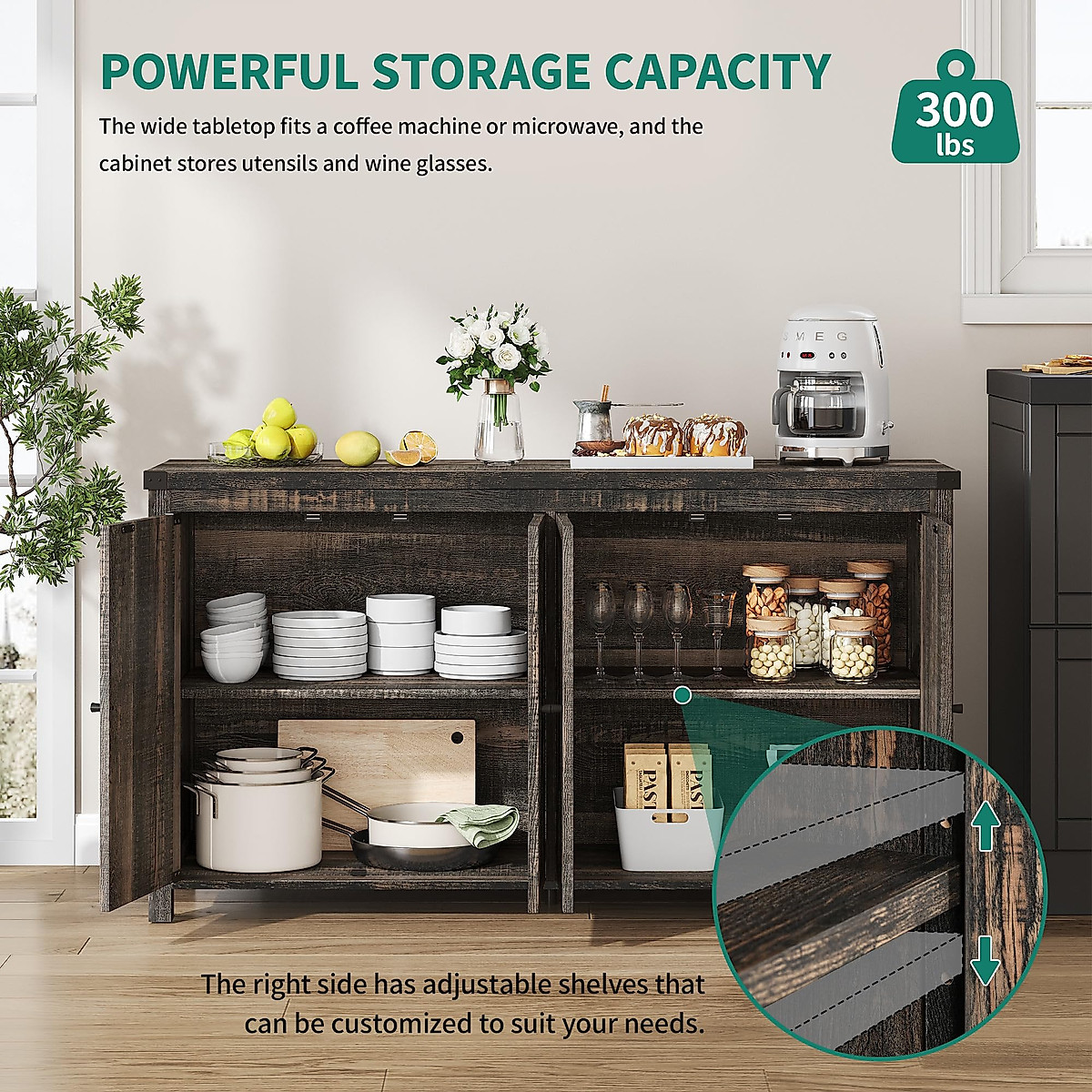 YITAHOME Farmhouse Sideboard Buffet Cabinet with Storage with 4 Doors, 55'' Large Kitchen Storage Cabinet, Wood Coffee Bar Cabinet with Adjustable Shelf for Kitchen, Living Room, Dark Oak