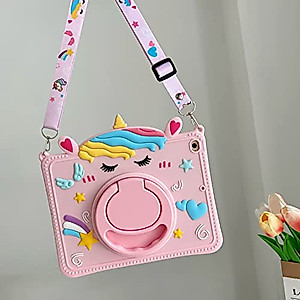 Premium Cute Soft Silicone Pink Unicorn Pattern Tablet Case with Built-in Foldable Kickstand and Lanyard Shockproof Cover Case for iPad Air 4 2020 10.9"