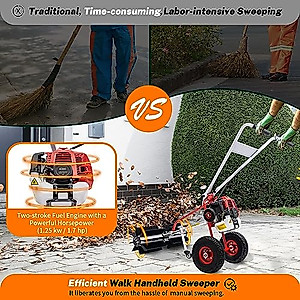 1.25 KW Walk-Behind Hand Push Floor Sweeper, 23.6" Sweeping Width Lawn Sweeper Manual Gas Power,1.2L Tank, Infinitely Adjustable Speed Patio Sweeper Cordless for Walkway, Yard, Garage, Patio