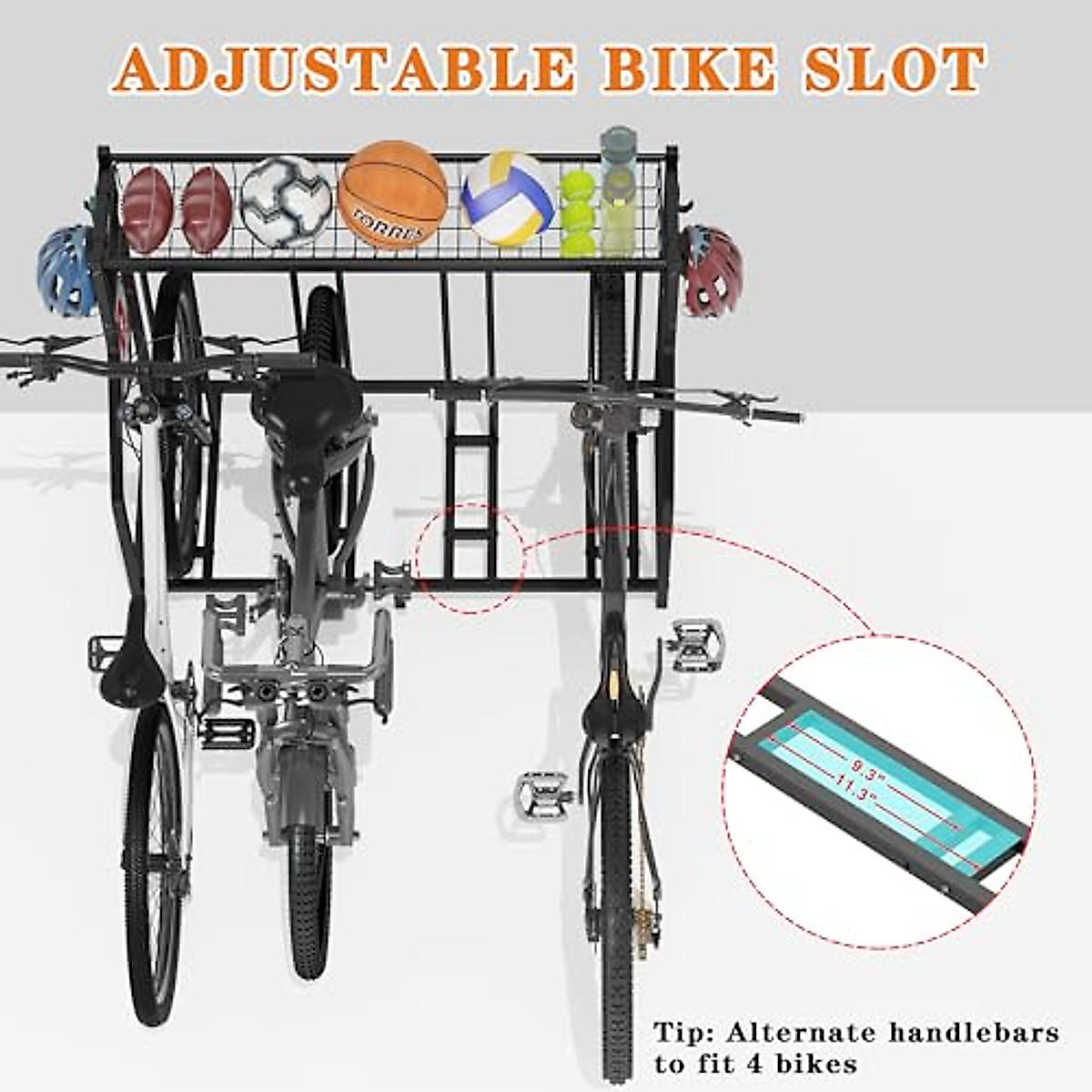 Gadroad 4 Bike Rack Garage with Storage Basket, Bike Rack Floor Stand, Garage Organizer Bike Parking Rack, Metal Floor Bicycle Rack Station for Mountain/Kids Bike, Black