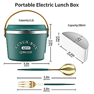 QYBEEDE Electric Lunch Box, 110v 48w 1.2L Green Cordless Lunch Box 304 Stainless Steel Portable Microwave Food Warmer Heated Lunch Box with Fork and Spoon for Home, Apartment, Office, School, Travel