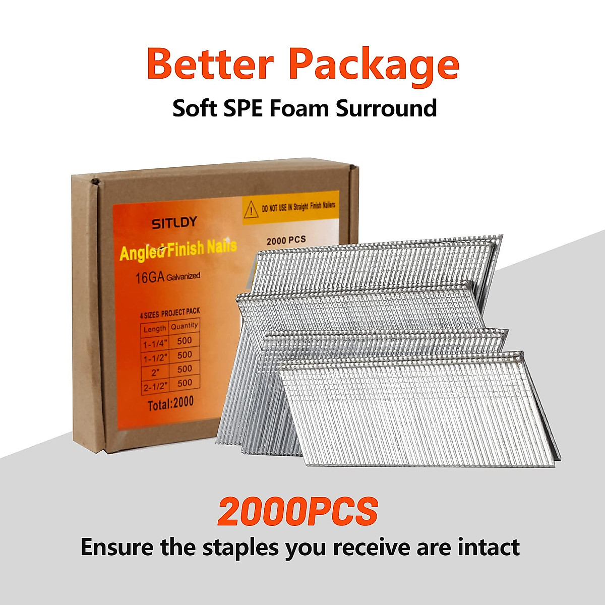 SITLDY 16 Gauge Angled Finish Nails, 20-Degree, 2000-Pack (2-1/2", 2", 1-1/2", 1-1/4" 500 Per Sizes), Galvanized Assorted Size Project Pack, for Pneumatic, Electric Angled Finish Nailer (2000)