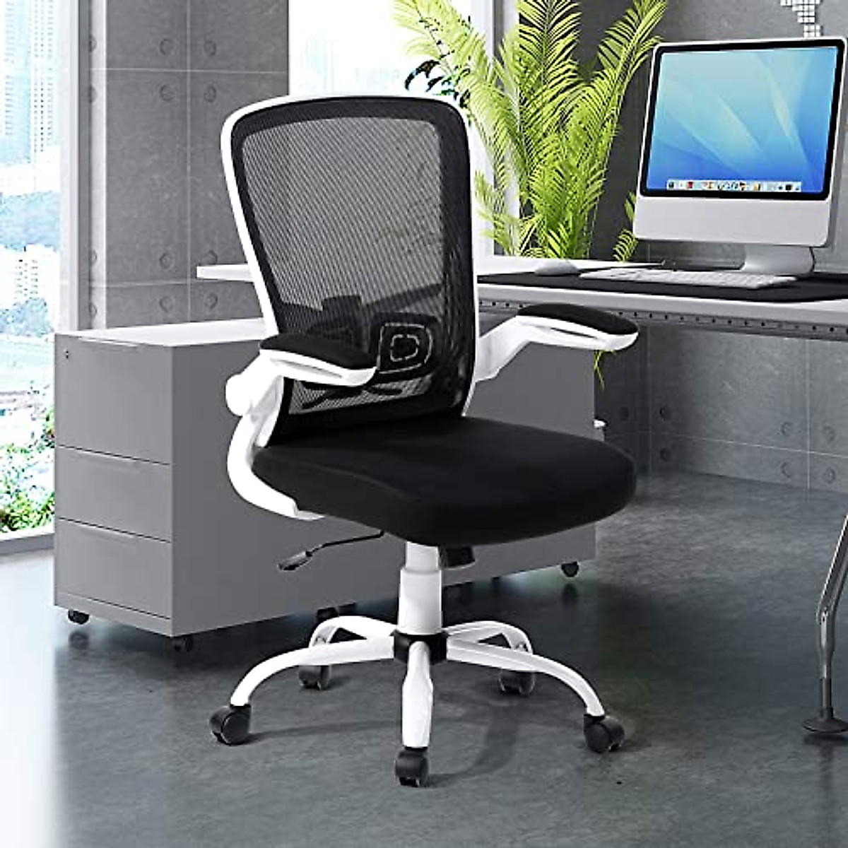 UNICOO - Mid Back Mesh Computer Chair, Office Task Desk Chair, Swivel Home Comfort Chairs with Padded Flip-up Armrests and Adjustable Lumbar Support (RY-N-01-White)