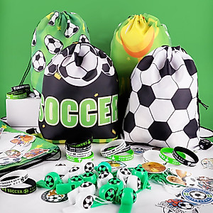 Miucat 98Pcs Soccer Party Favors, Soccer Drawstring Bags with Silicone Bracelet Soccer Whistles Stickers Soccer Goodie Bags for Soccer Party Decorations Supplies