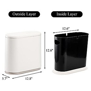 ZENFUN 2.6 Gallon Plastic Trash Can with Press Lid, Oval Slim Wastebasket Garbage Container Bin Bathroom Garbage Can for Living Room, Bedroom, Kitchen, Office, Easy to Clean, White